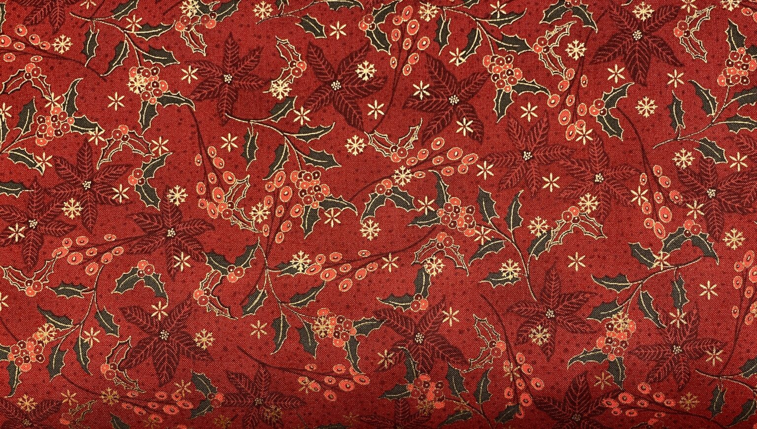 Dyb rød med små kviste og grønne blade med guld tryk| Thy Patchwork